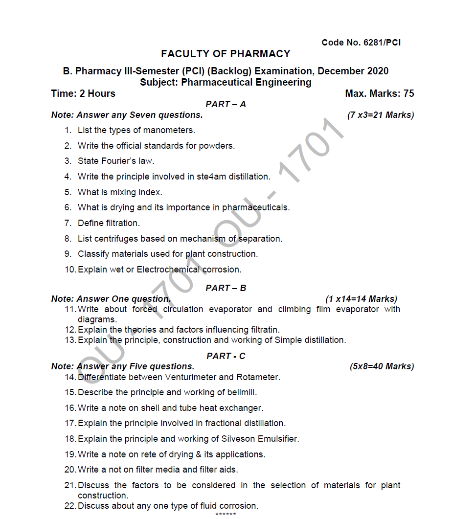 Osmania University B. Pharmacy III-Semester. (PCI)(Backlog) Subject ...
