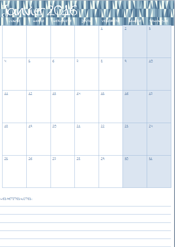 Calendrier janvier 2016 à imprimer