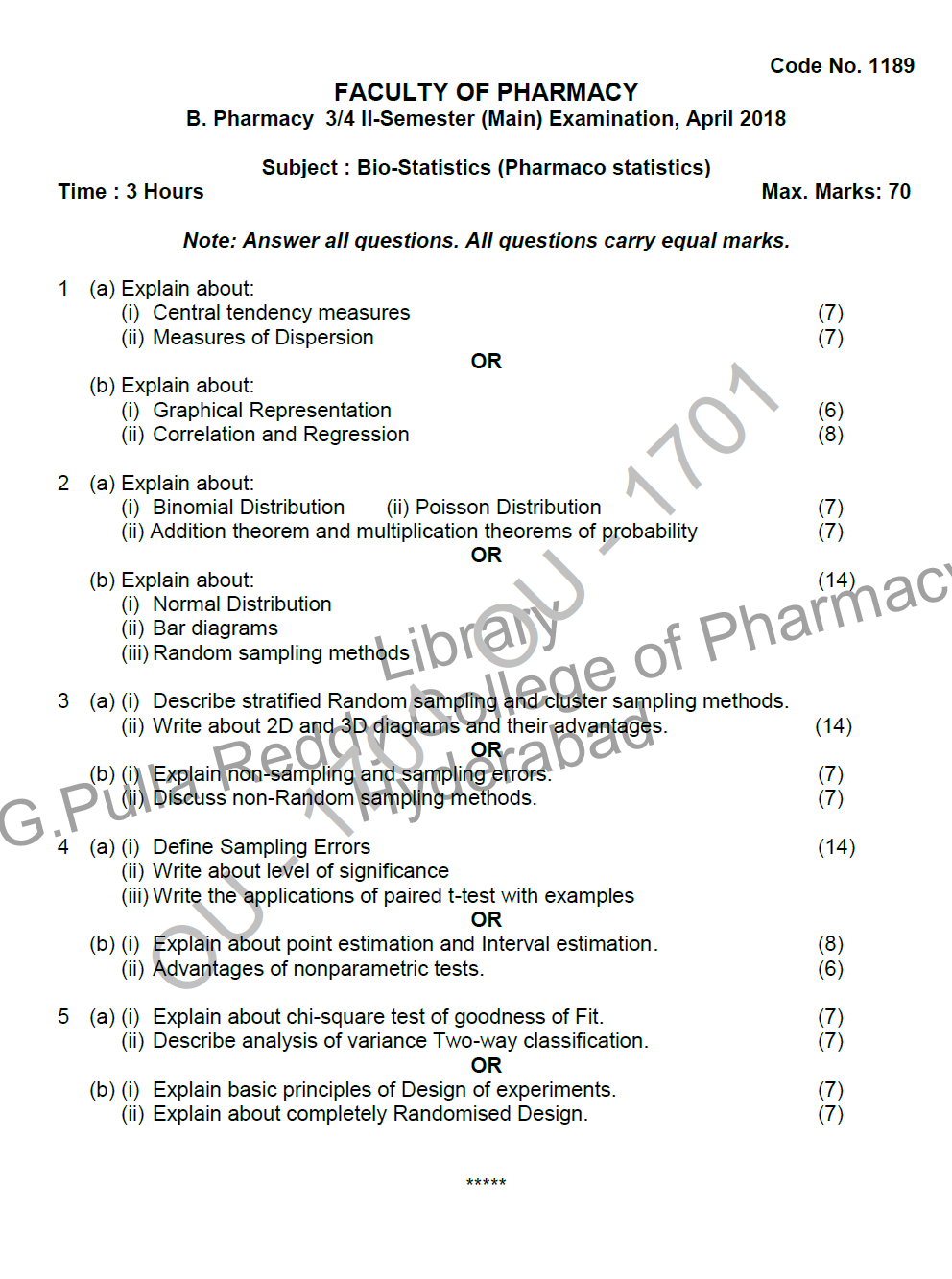 Osmania University B. Pharmacy 3/4 II - Semester (Main) Subject : Bio ...