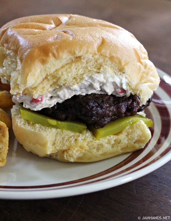 Burgers with Zesty Cream Cheese Pimento Spread
