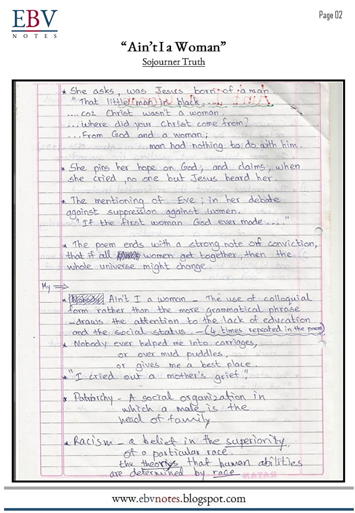 EBV NOTES: "Ain't I a Woman" | Sojourner Truth | Short Exam Notes