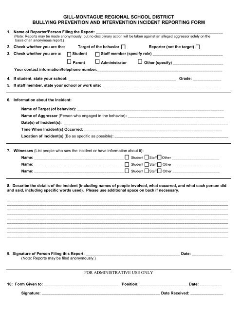 Bully Incident Report Form ~ Certificate Letter