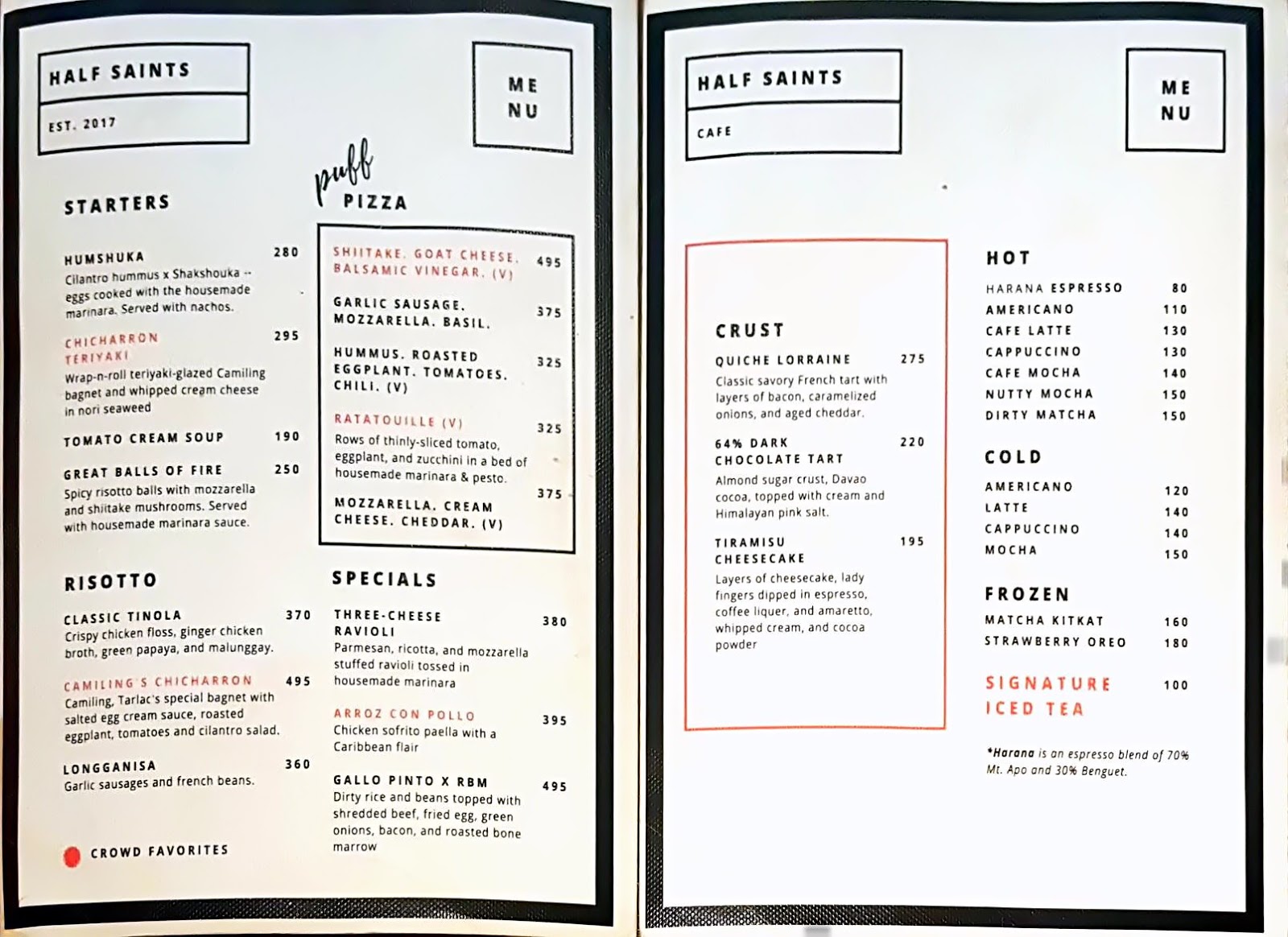 HALF SAINTS MENU 2018