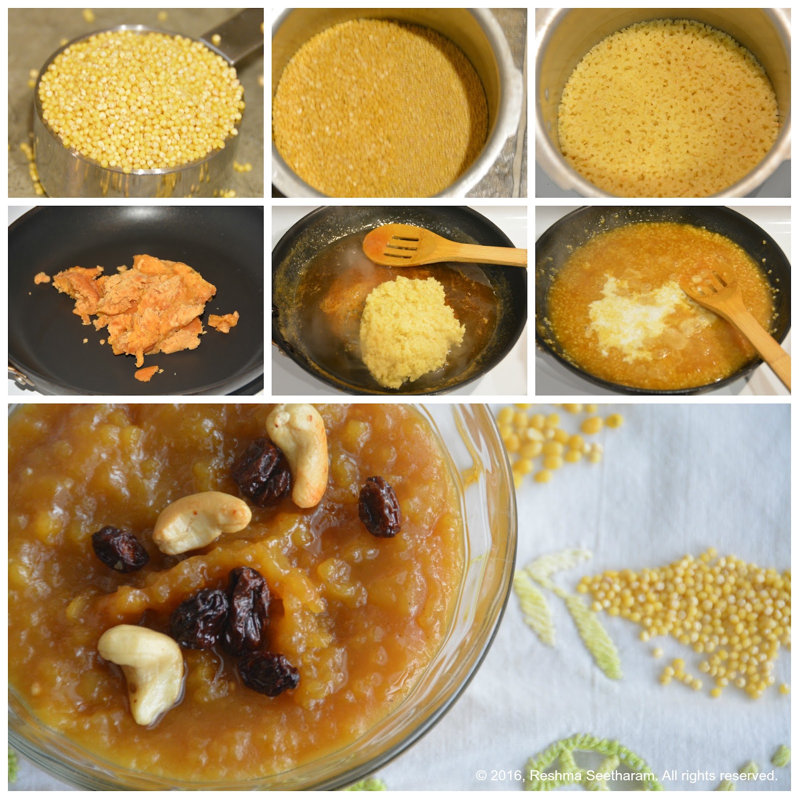 Sweet millet pongal - a creamy porridge of lentils, milelts and raw sugar