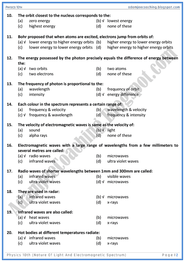 Adamjee Coaching: Nature of Light and Electromagnetic Spectrum - MCQs ...
