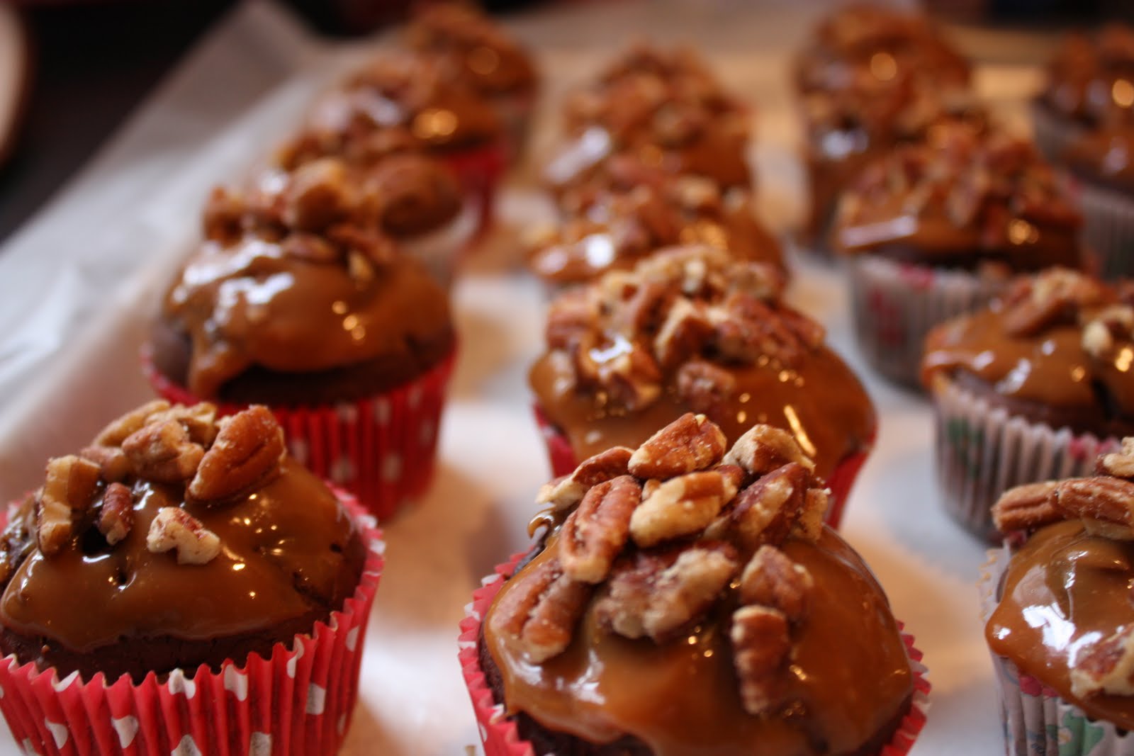 Gets Bored Easily: Caramel Dipped Devils Food Cupcake with Pecan Topping