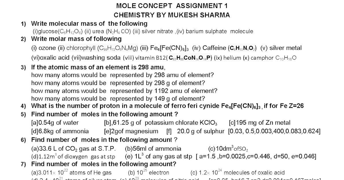 Mole concept assignment class 11 ~ CHEMISTRY BY MUKESH SHARMA