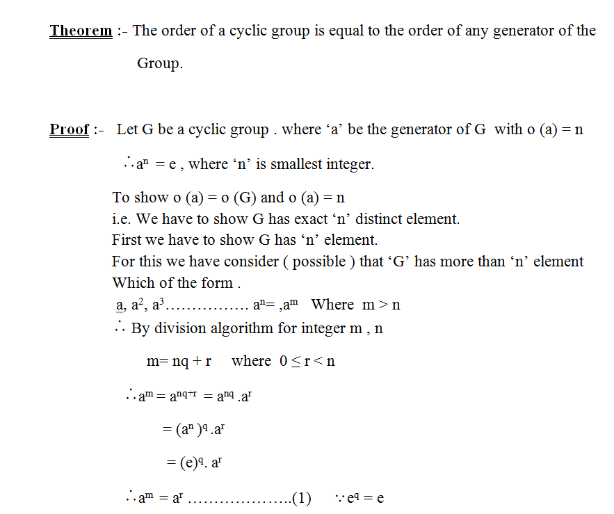 The order of a cyclic group is equal to the order of any generator of ...