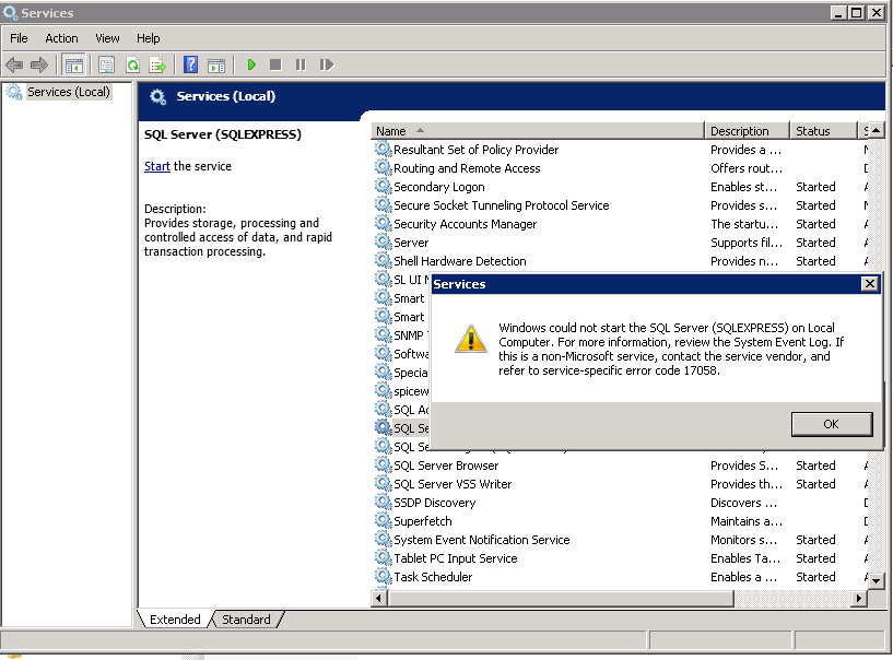 MSSQL Startup Error code 17058 MSSQL Startup Error code 17058