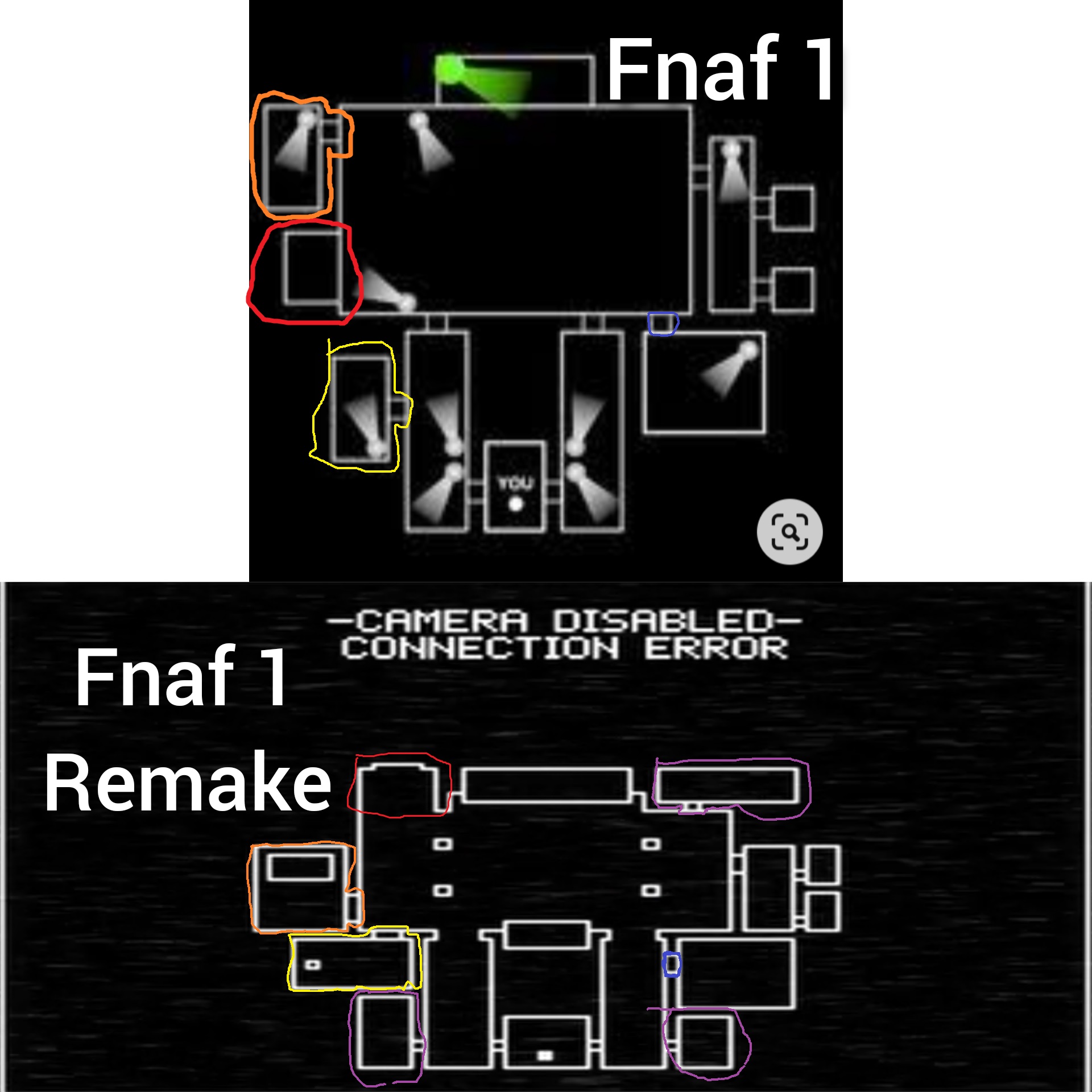La comparación del mapa de Fnaf 1 y Fnaf 1 Plus