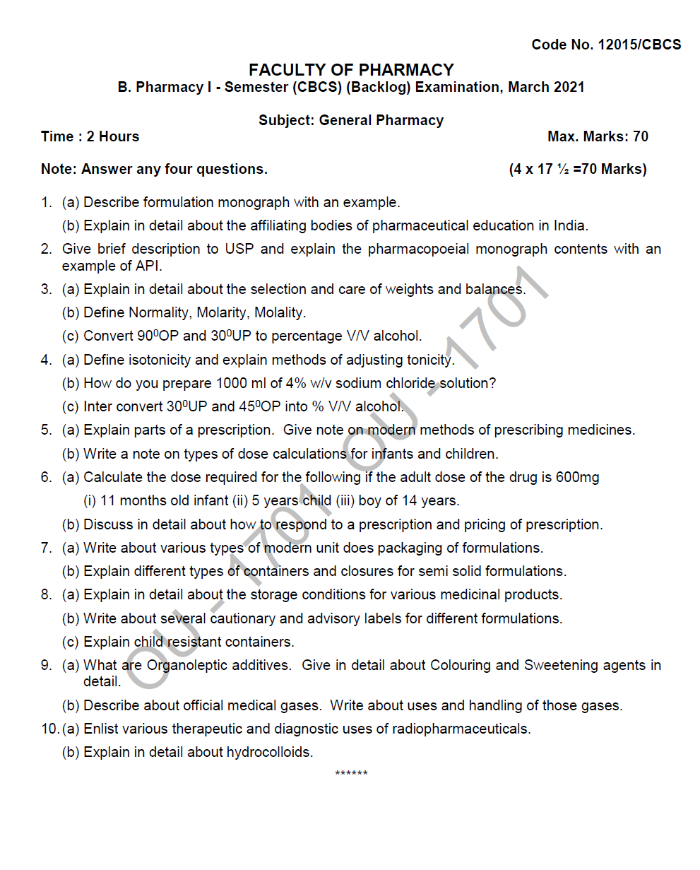 Osmania University B. Pharmacy I-Semester (CBCS) (Backlog) Subject ...