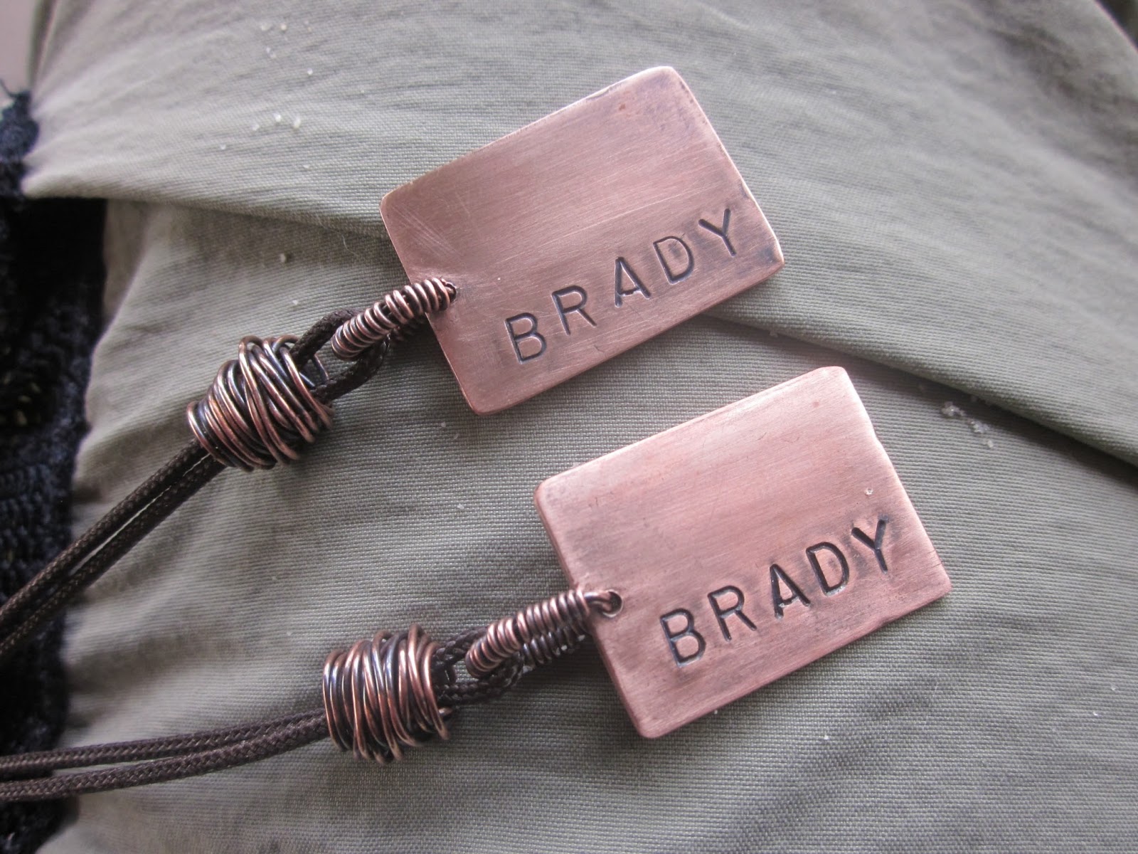 wearartbyjulie: Copper Name Tags with Wire Wrapped Beads