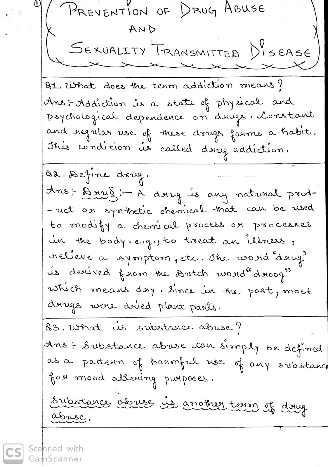 Prevention of Drug Abuse and Sexuality Transmitted Diseases Handwritten ...