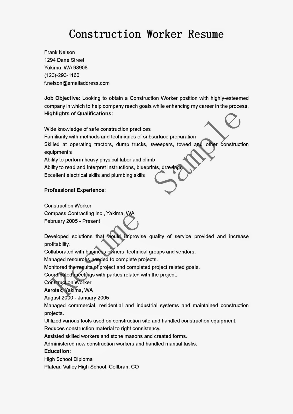 Resume Samples: Construction Worker Resume Sample