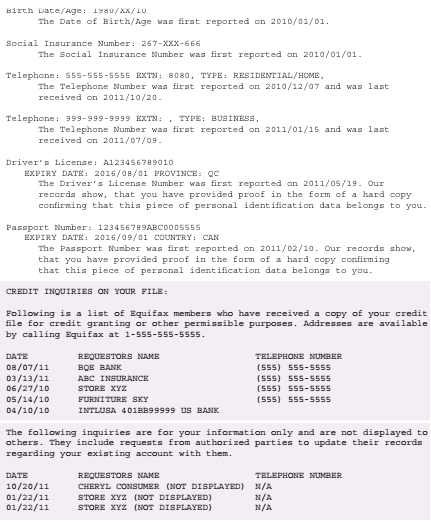 Canada Credit Score: Example Equifax Report