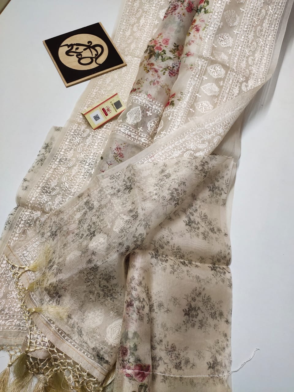 Organza floral chicken work sarees