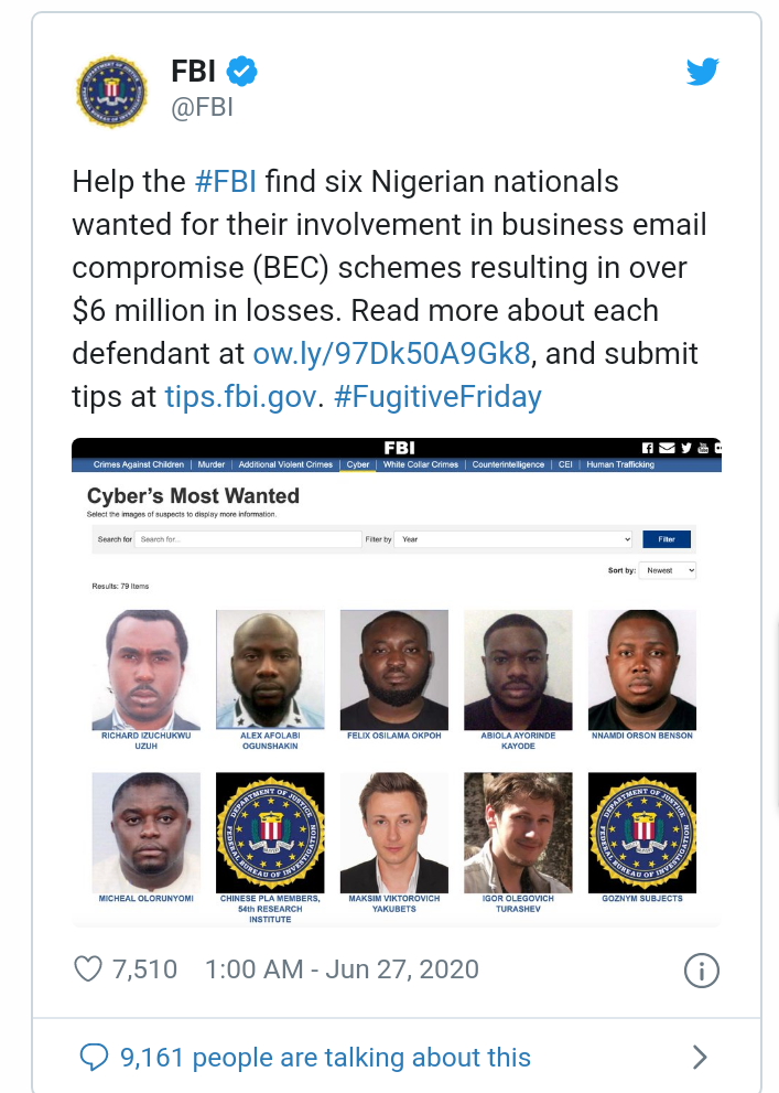 FBI Seeks Help To Arrest Six Nigerians Over N2.4bn Internet Fraud