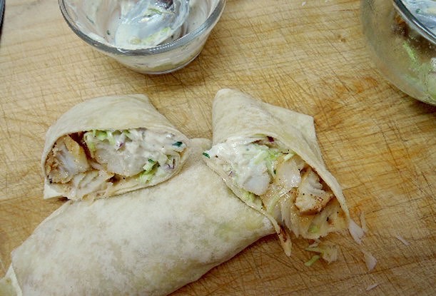 The Briny Lemon: Fish Wraps with Raita and Wilted Cabbage Slaw