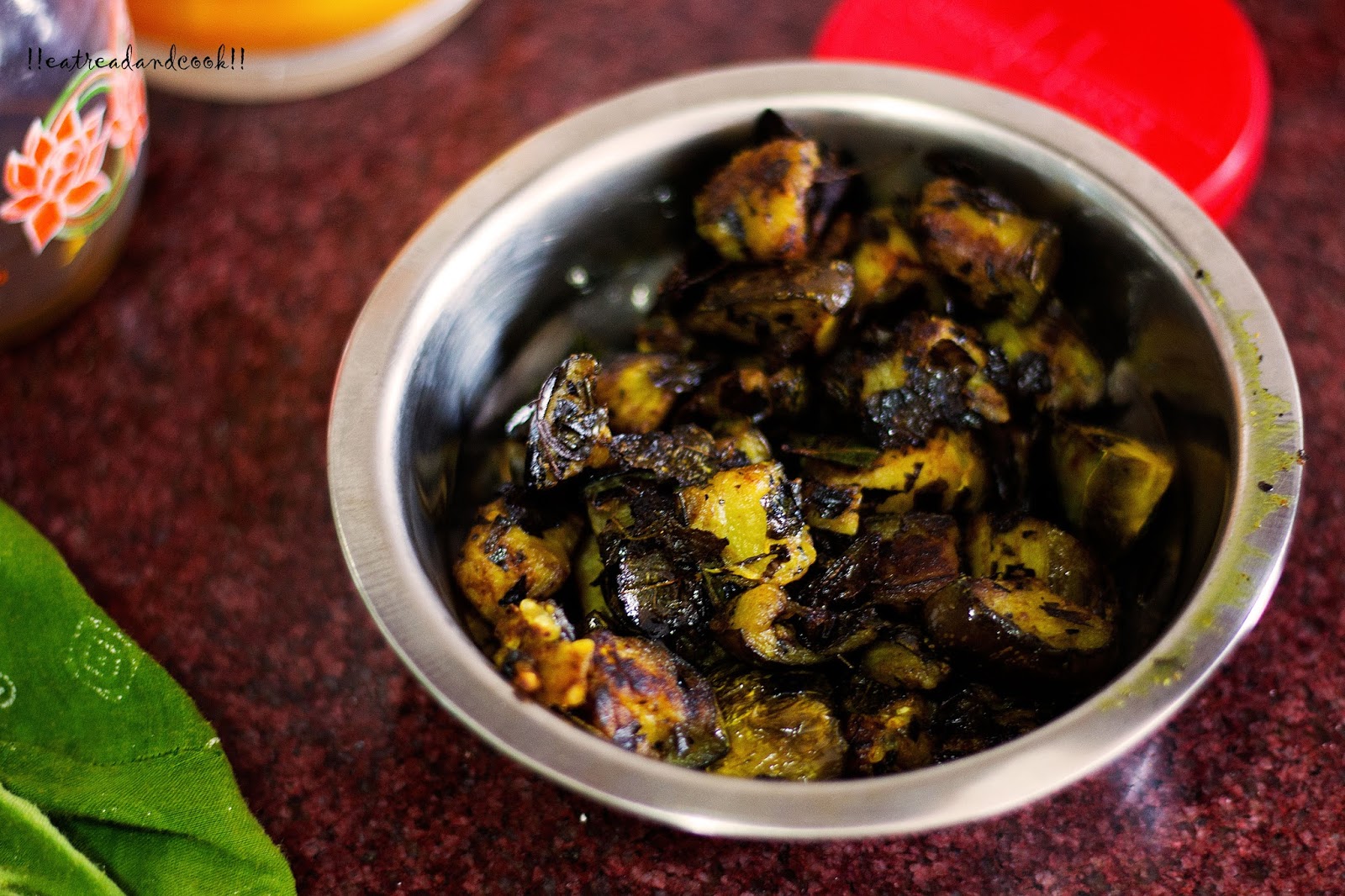 Neem Pata Begun Bhaja / Bengali Style Stir Fried Neem Leaves with Eggplant