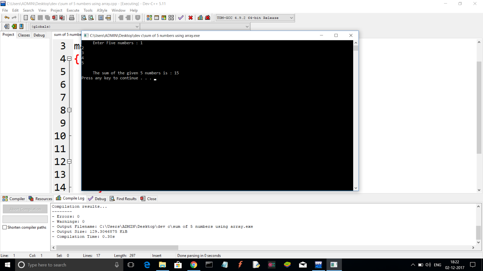 Calculate sum of 5 numbers using Array in C-language