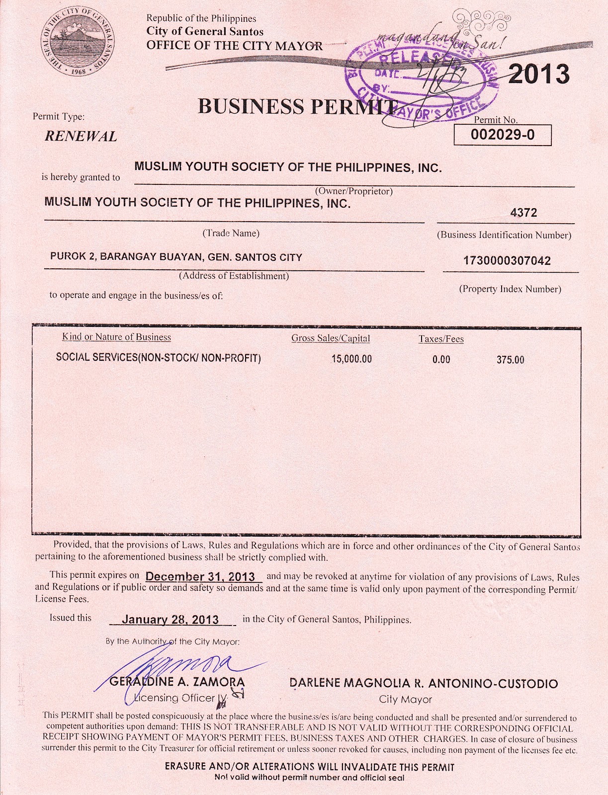 Muslim Youth Society of the Philippines, Inc.: Mayor's Permit and SEC ...