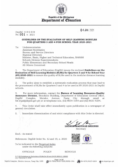 GUIDELINES ON THE EVALUATION OF SELF-LEARNING MODULES FOR QUARTERS 3 ...