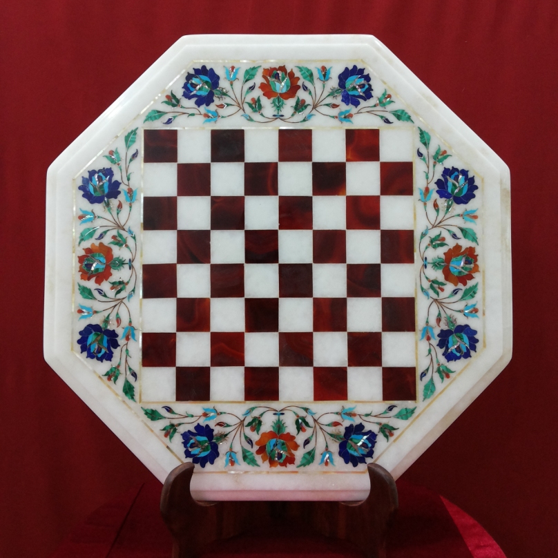 Chess Table Top in White Marble Inlay Art Table with Semi Precious ...