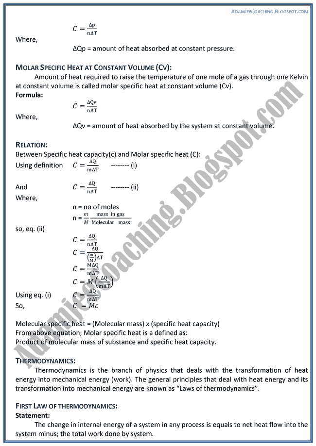 Adamjee Coaching: Heat - Theory Notes - Physics XII