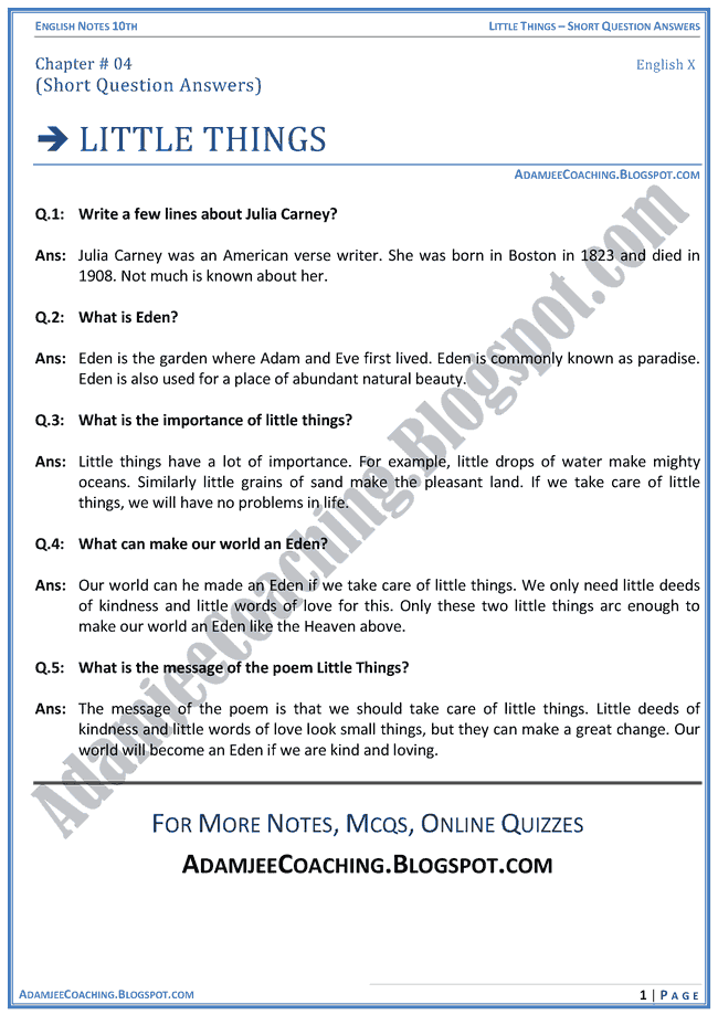 Adamjee Coaching: Little Things - Question Answers - English 10th