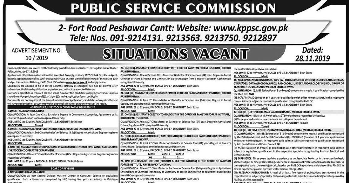 Khyber Pakhtunkhwa Public Service Commission (KPPSC) Jobs 2019 Apply Online