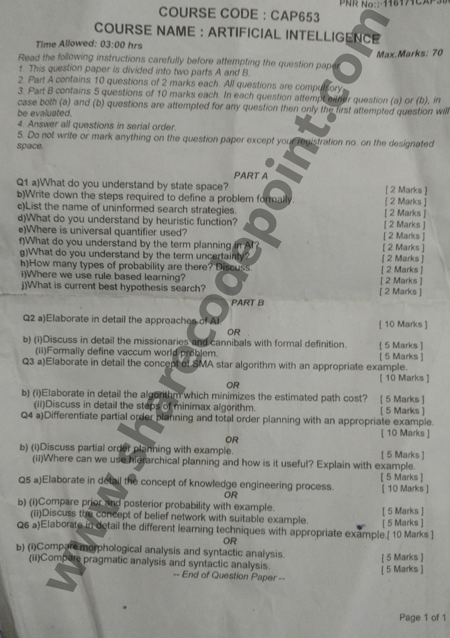 CAP653 : Artificial Intelligence End Term Exam Question Paper - CAP 653