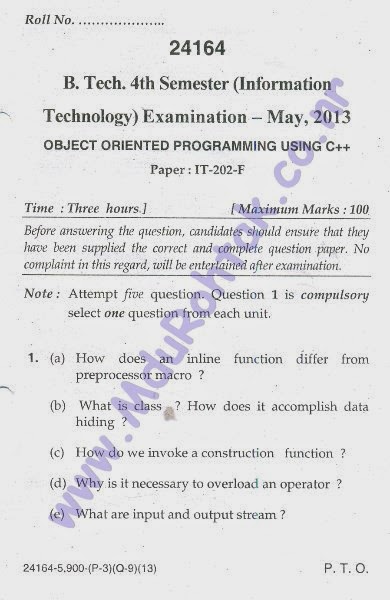 Object Oriented Programming Using C Plus Plus Oopc May 2013 B Tech 4th Semester Question