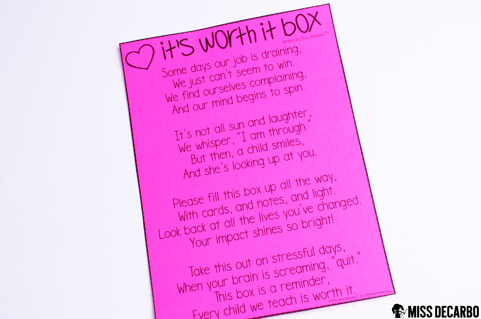 It's Worth It Box! Free Poem Printable - Miss DeCarbo