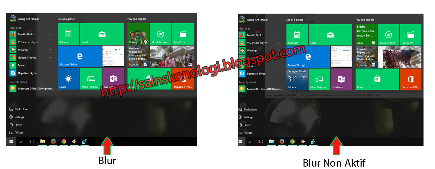 Nonaktifkan Efek Blur pada start menu Windows 10