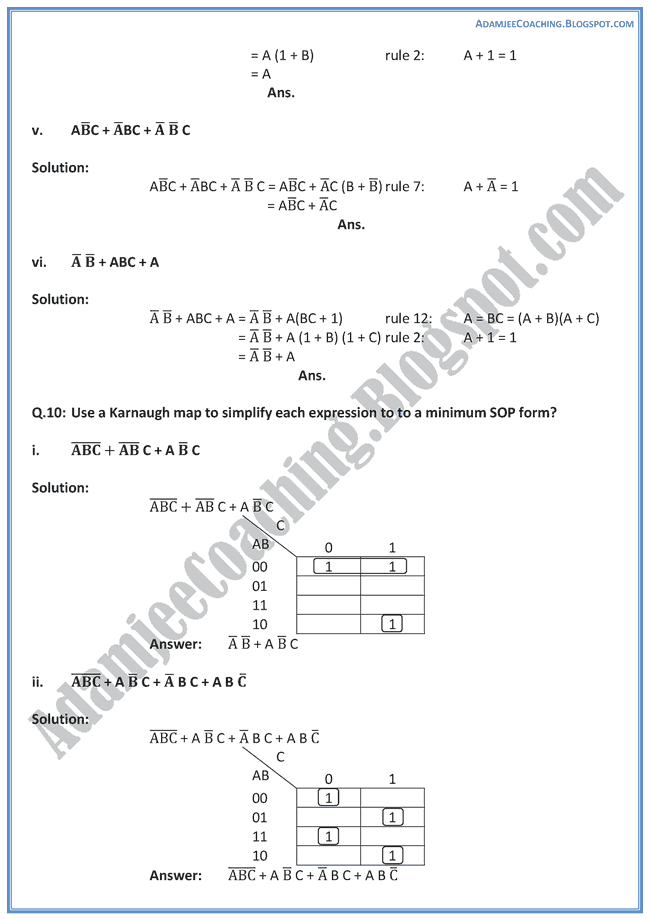 Adamjee Coaching Boolean Algebra Descriptive Question Answers Computer Ix