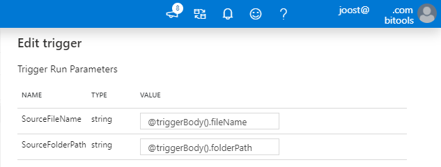 Microsoft BI Tools: Azure Data Factory - Parameters event based triggers