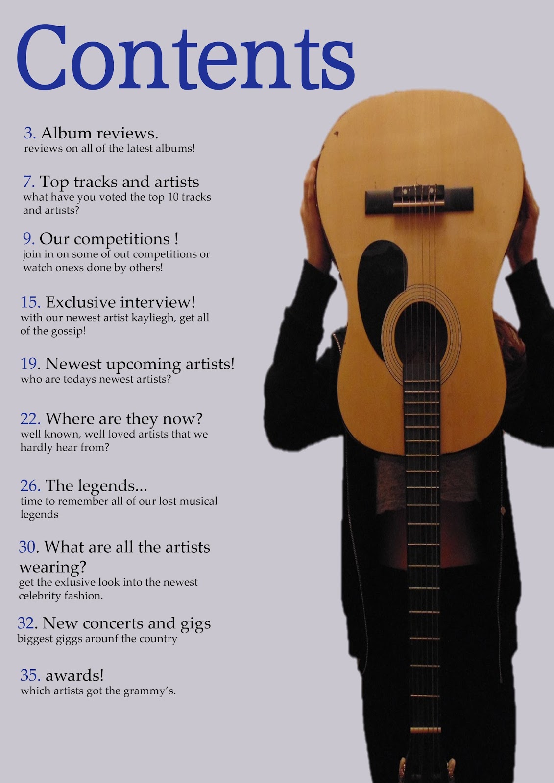 AS Media Studies Christie Cotterill: music magazine contents page 1st draft