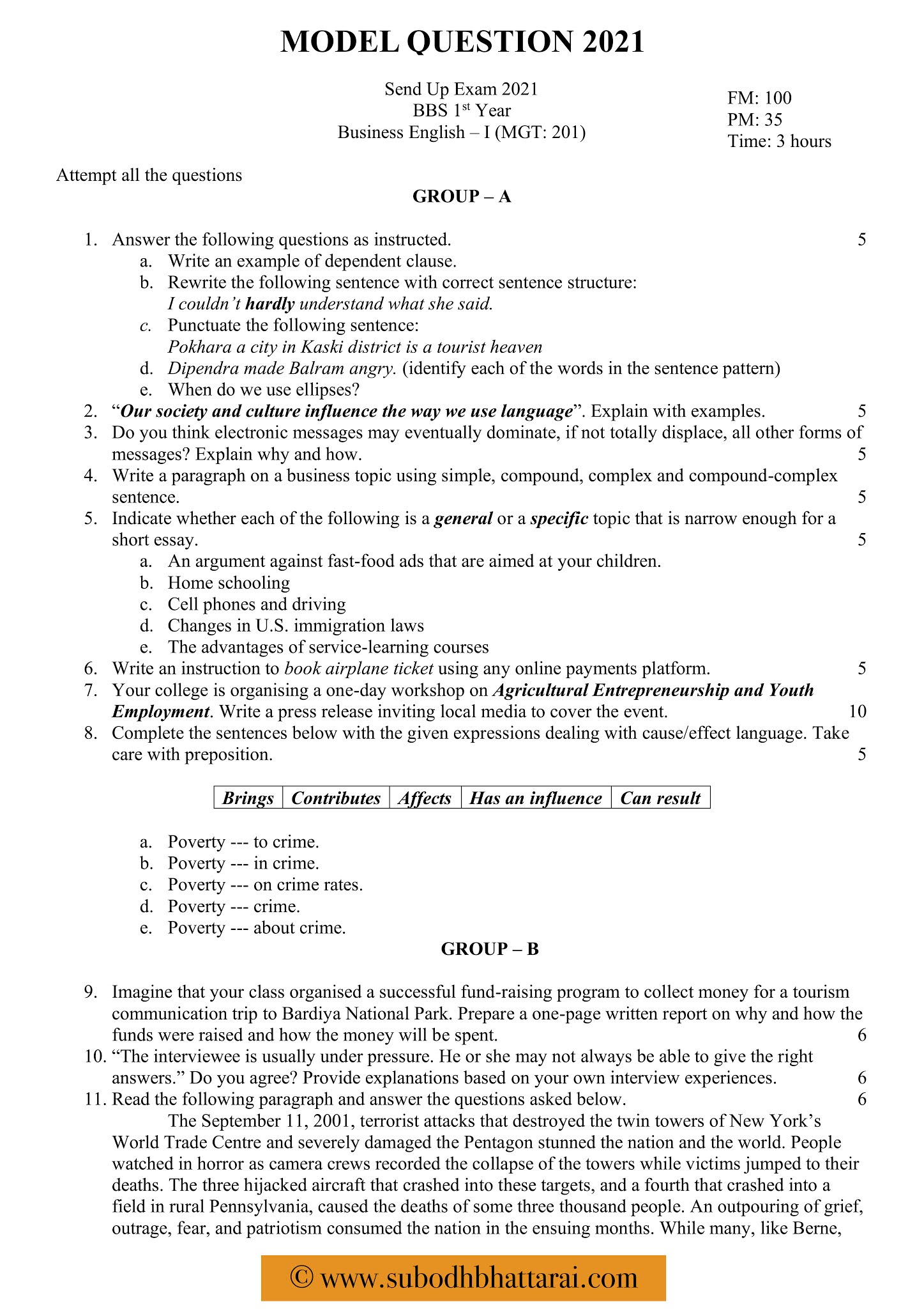 BBS 1st Year TU Business English I MGT 201 Model Question bbs-1st-year-tu-business-english-i-mgt-201-model-question