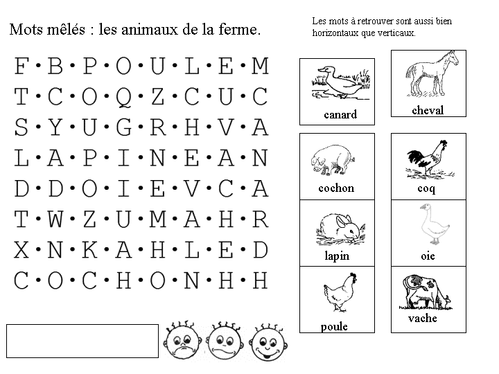 Maternelle: Mots mêlés : les animaux de la ferme