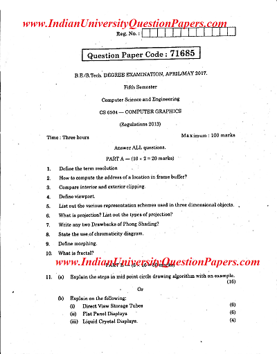 CS6504 Computer Graphics April May 2017 Question Paper - University ...