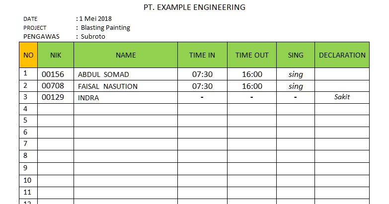 Contoh Lembar Absensi Harian - Microsoft Word | Borisinil