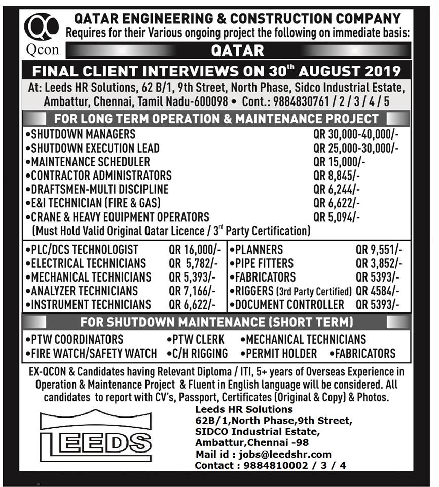 QATAR JOBS : REQUIRED FOR ENGINEERING & CONSTRUCTION COMPANY IN QATAR