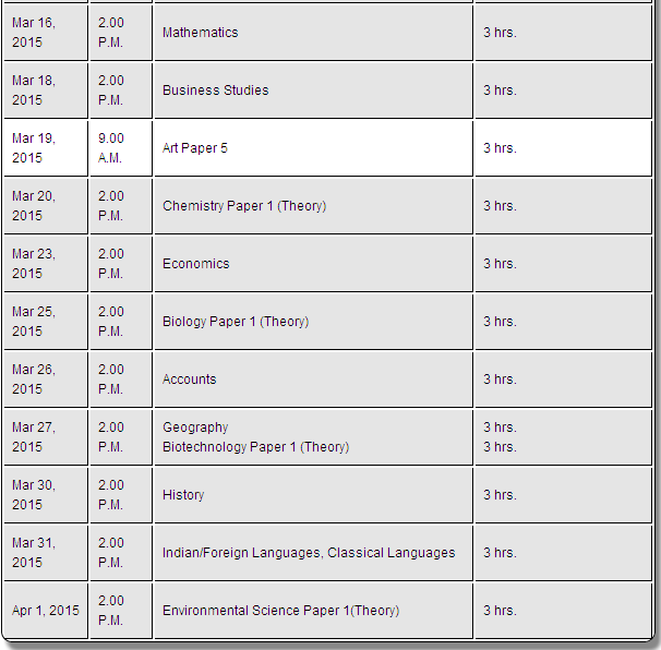 ICSE Board Class 12th/intermediate Time Table/DATE SHEET 2014-2015