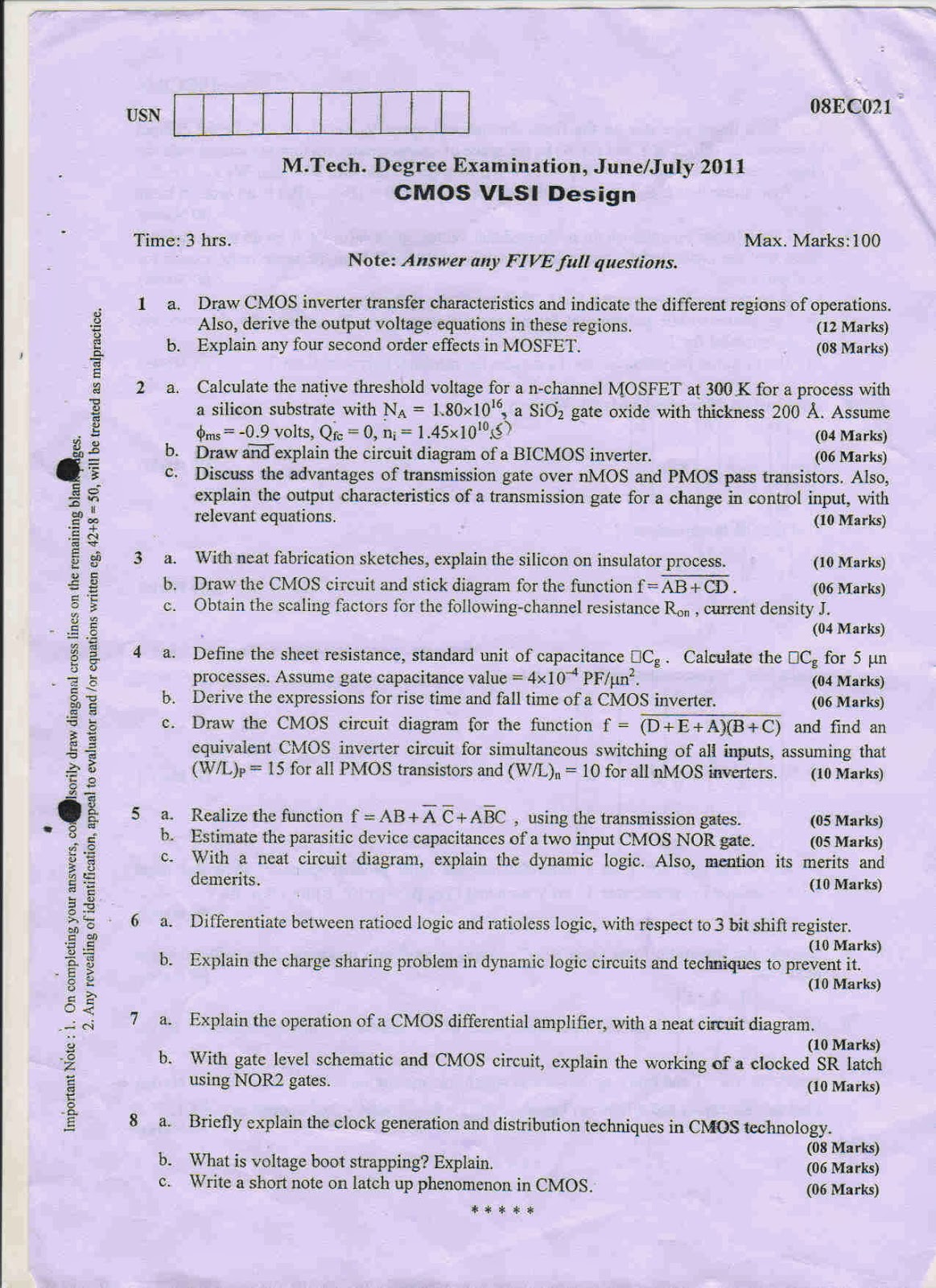 ALL STUDY MATERIALS IN ONE PIT: VTU MTech(DE) "CMOS VLSI" Question Papers