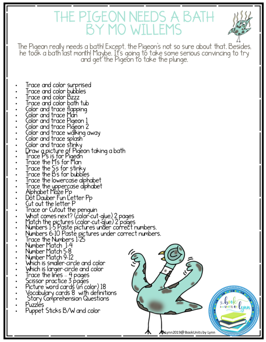 THE PIGEON NEEDS A BATH! BOOK UNIT 61 PAGES ~ Book Units by Lynn