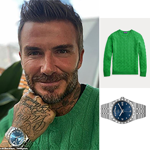 David Beckham wearing green knit sweater and silver Tudor watch
