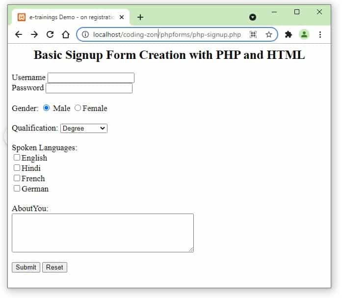 Basic Registration Form For Signup Php