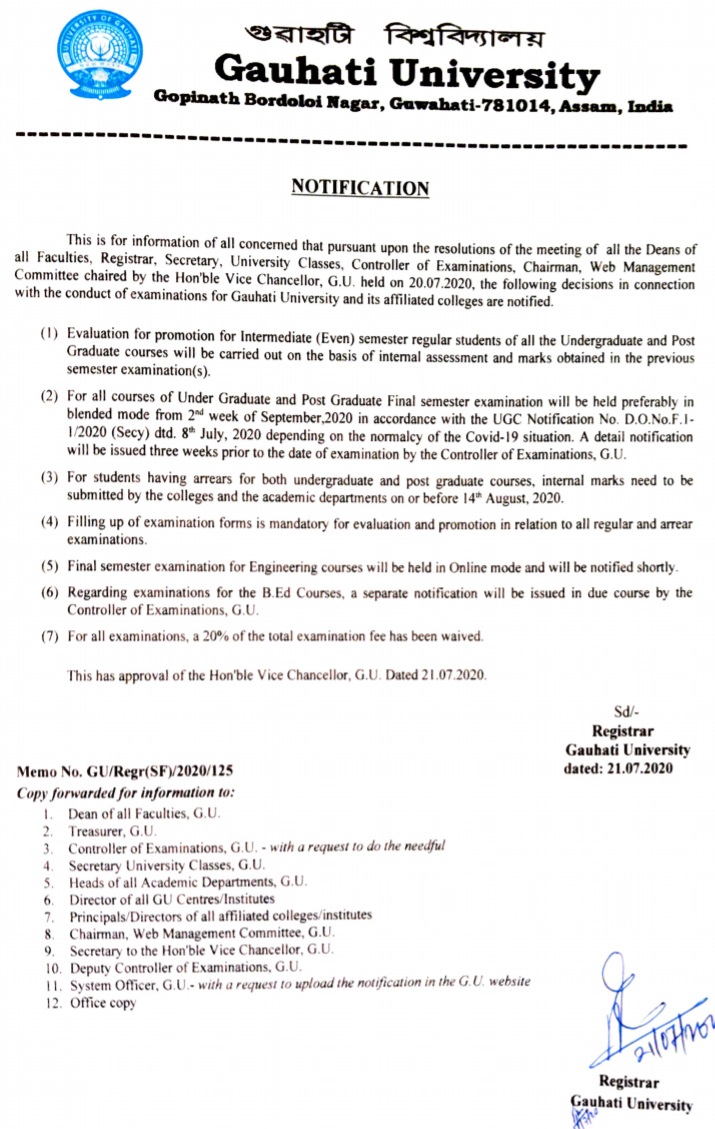 Gauhati University Exam Notification 2020 | Check GU Exam Notice ...