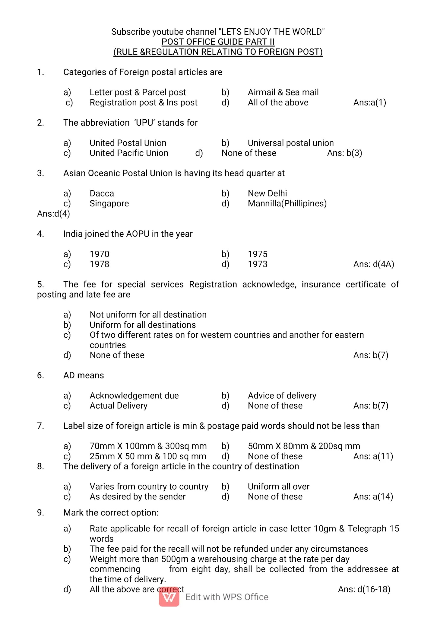 GDS To PA/SA/Postman/MTS MCQ | PO Guide Part 2 MCQs-56 Questions and ...