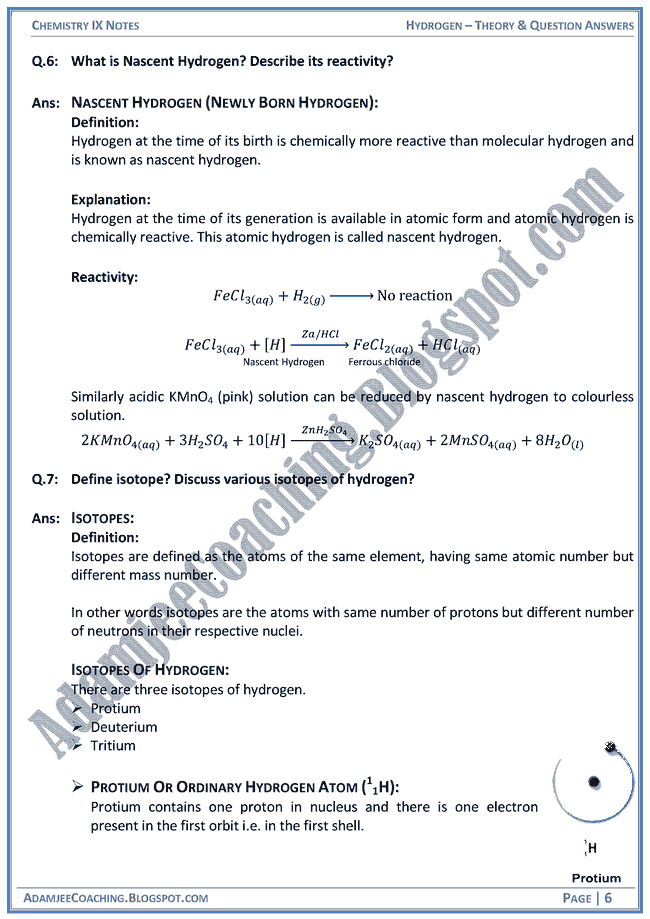 Adamjee Coaching: Hydrogen - Theory Notes and Question Answers ...